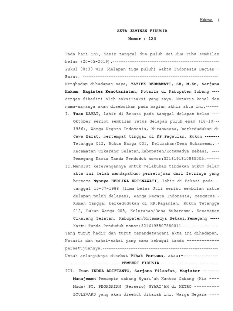 Minuta Fidusia Pegadaian (Dayat) 07052019 | PDF