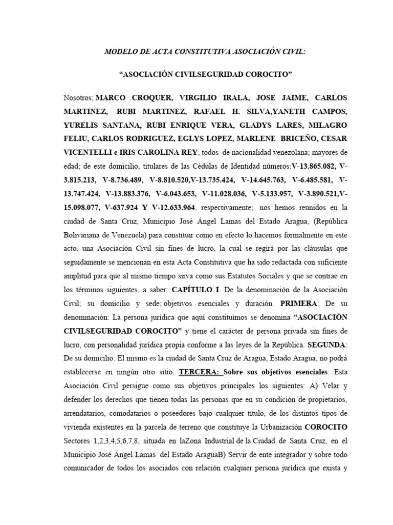 Acta Constitutiva Asociación Civil | Descargar gratis PDF | Votación | Propiedad
