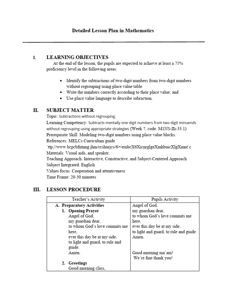 Subtraction Lesson Plan for Kids | PDF | Subtraction | Behavior ...
