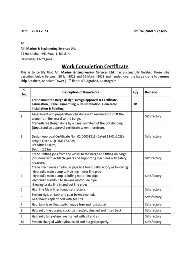 Work Completion Certificate | PDF | Crane (Machine) | Machines