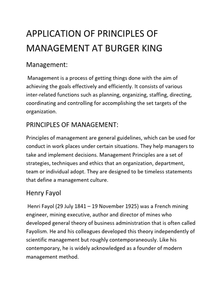 Application of Principles of Management at Burger Kingg | PDF ...