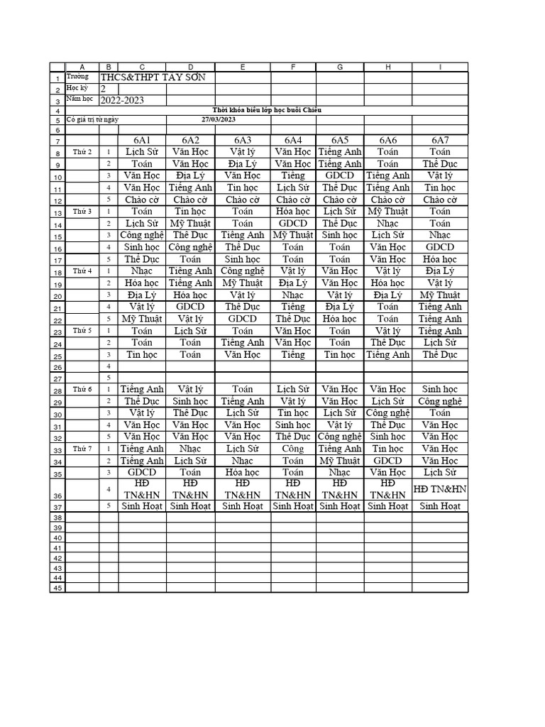 Gửi GVCN - TKB của các lớp học buoi Chiều ap dung tu tuan 27 nam hoc 2022-2023 | PDF