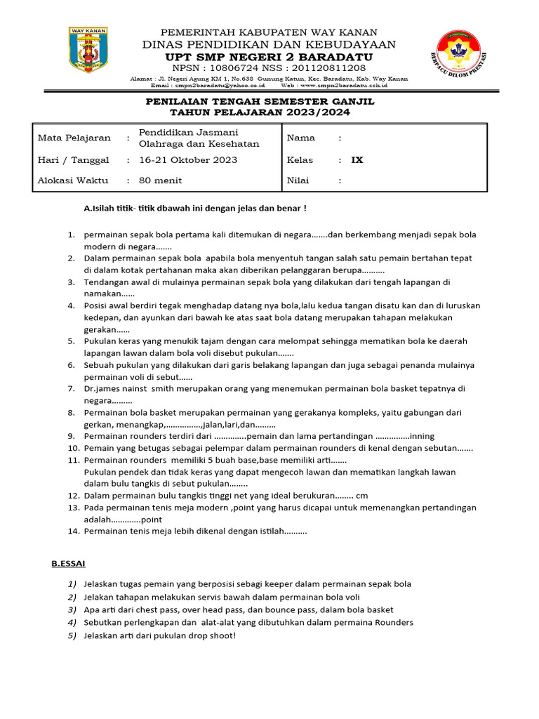 Penilaian Tengah Semester PJOK Kelas IX | PDF