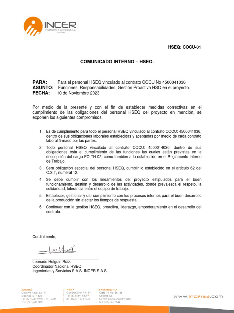 10-11-2023 Comunicado Interno Hseq. | PDF