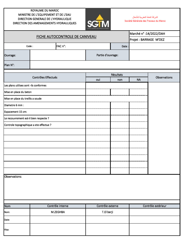 Fiche Autocontrole Caniveau | PDF