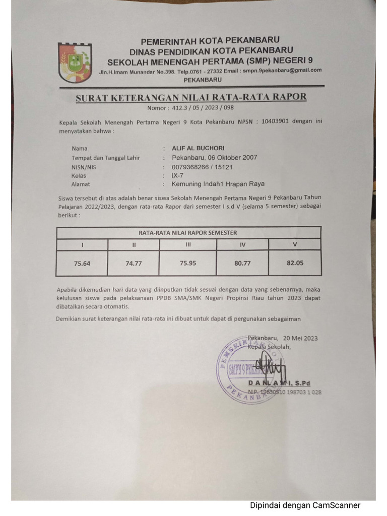 Surat Keterangan Nilai Rata-Rata Rapor | PDF