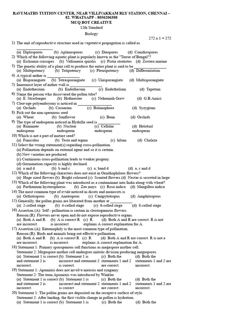 Namma Kalvi 12th Botany Creative 1 Mark Questions em 217267 | Download Free PDF | Dominance ...