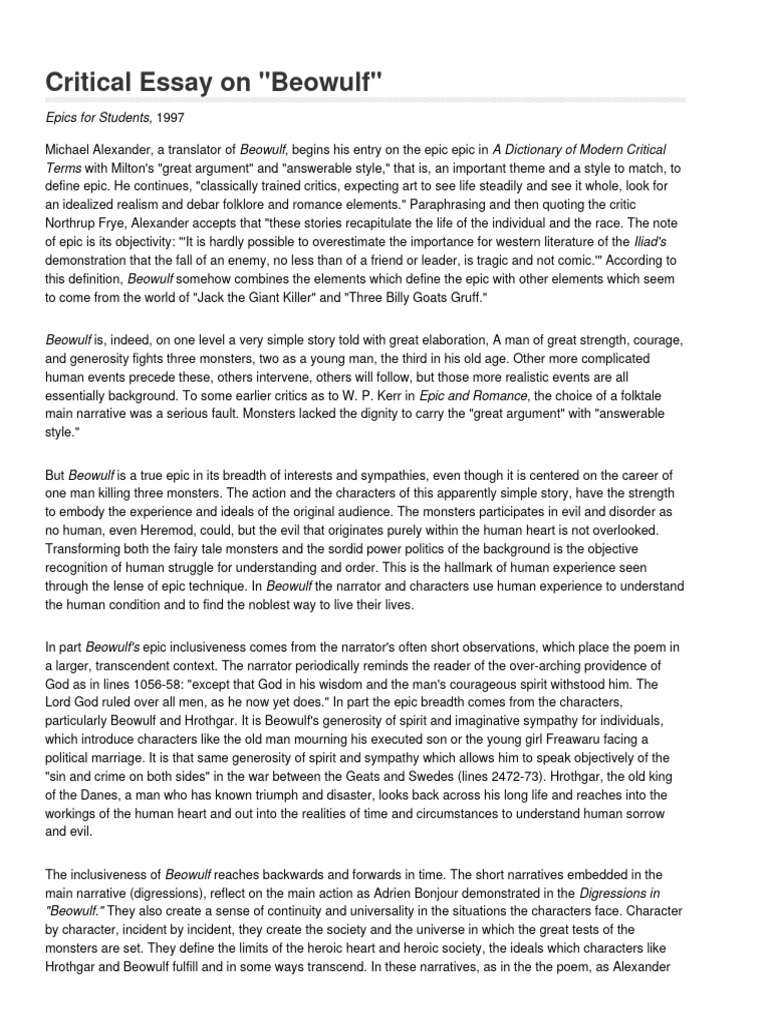 Critical Essay On Beowulf | PDF | Beowulf | Poetry