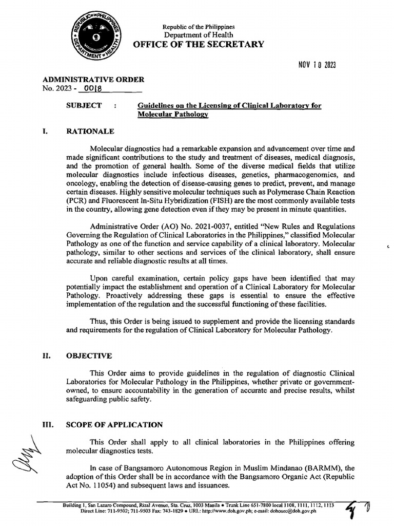DOH AO No. 2023-0018 | PDF | Pathology | Medical Laboratory