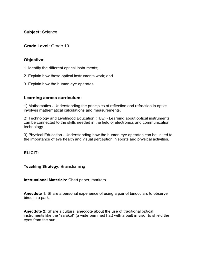 Lesson Plan | PDF | Optics | Eye