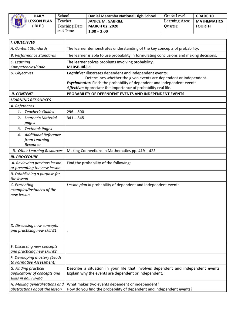 COT DLP Blank | PDF | Learning | Lesson Plan