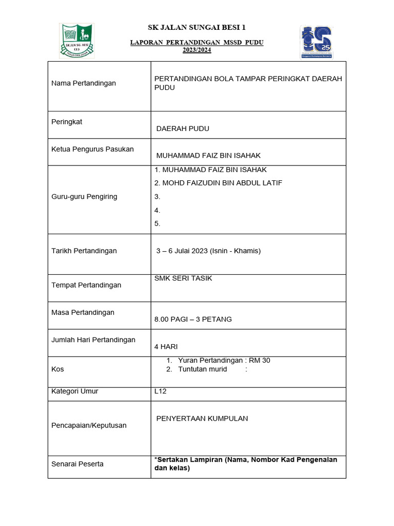 Laporan Pertandingan Bola Tampar MSSWPKL 2023 | PDF