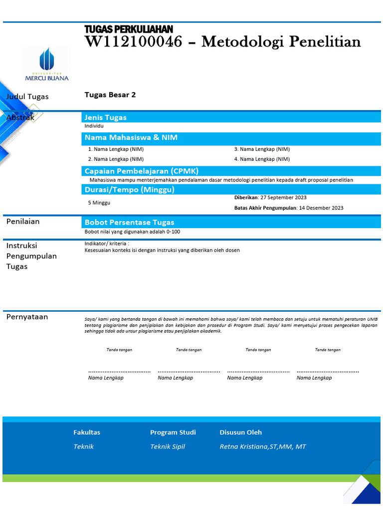 TUGAS BESAR 2 - Template RTM Program Sarjana (OBE) - Metodologi Penelitian - TEKNIK SIPIL - FT | PDF