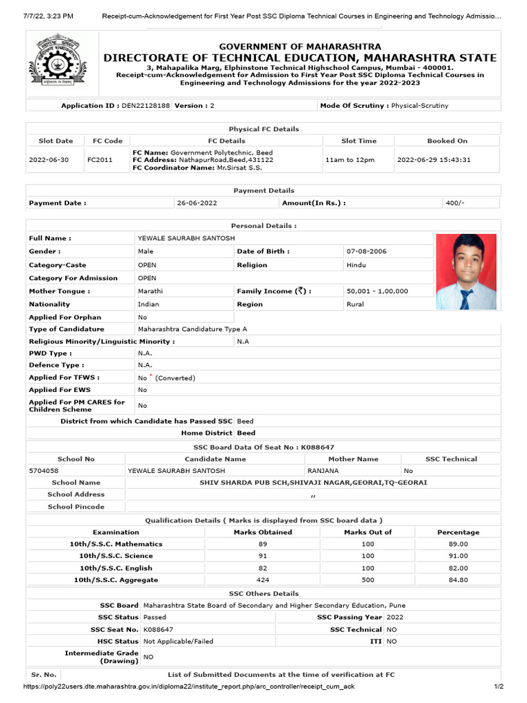Receipt-cum-Acknowledgement for First Year Post SSC Diploma Technical ...