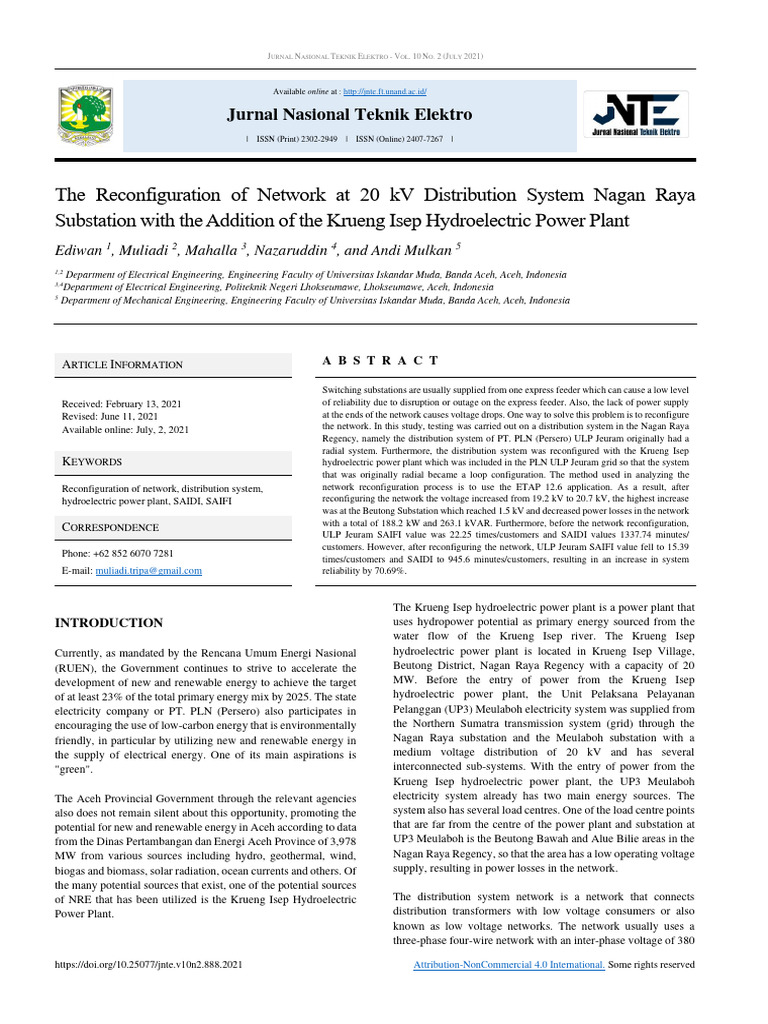 The Reconfigurationof Network at 20 KV Distribution System Nagan Raya Substation With The ...
