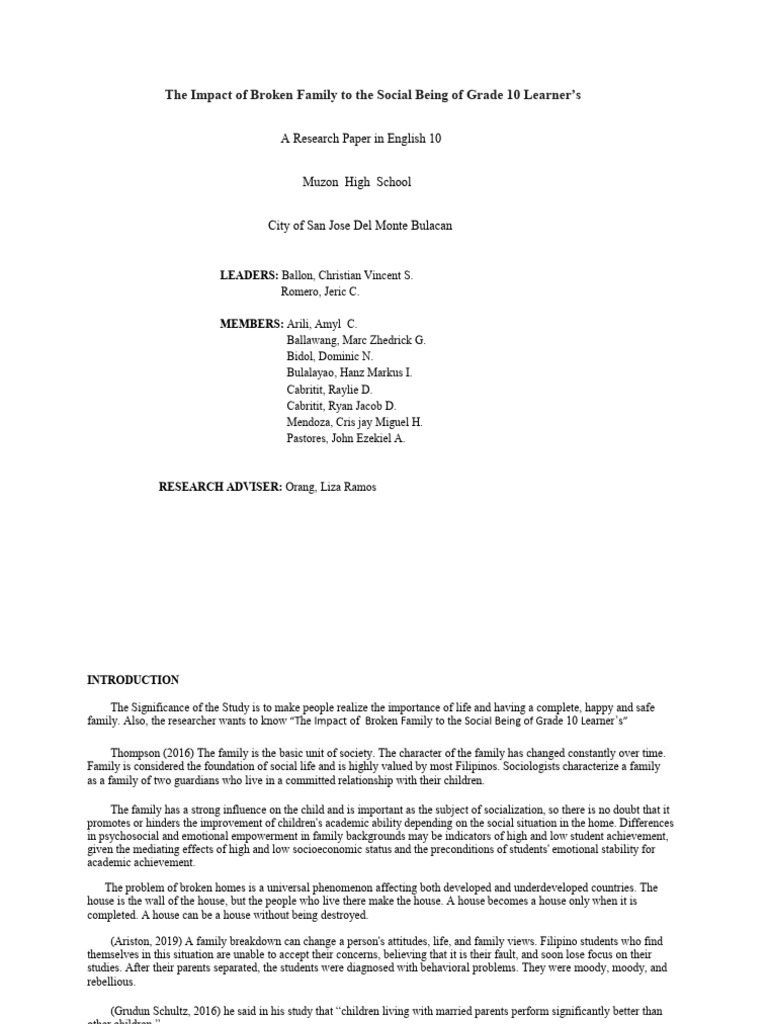 The Impact of Broken Family To The Social Being of | PDF