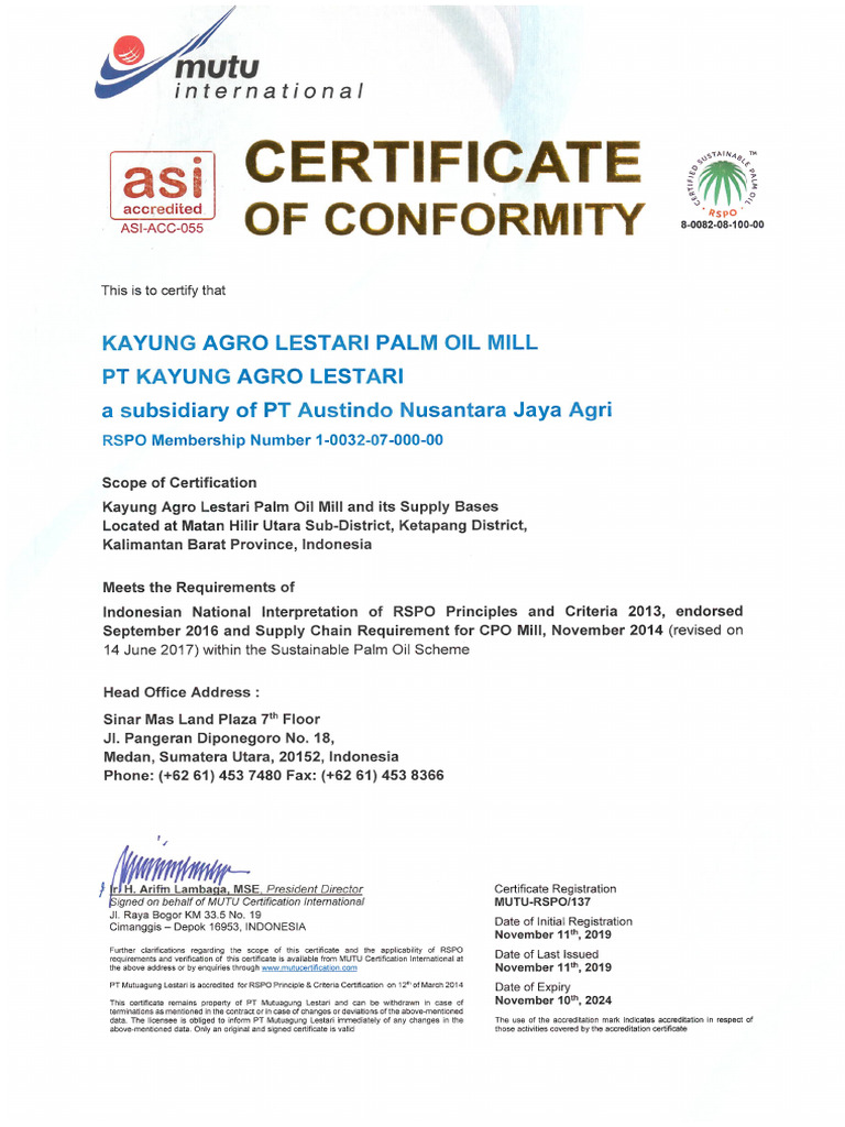 RSPO Certification For PT KAYUNG AGRO LESTARI (STAGE-2) - 8txK7V20191118151052 | PDF
