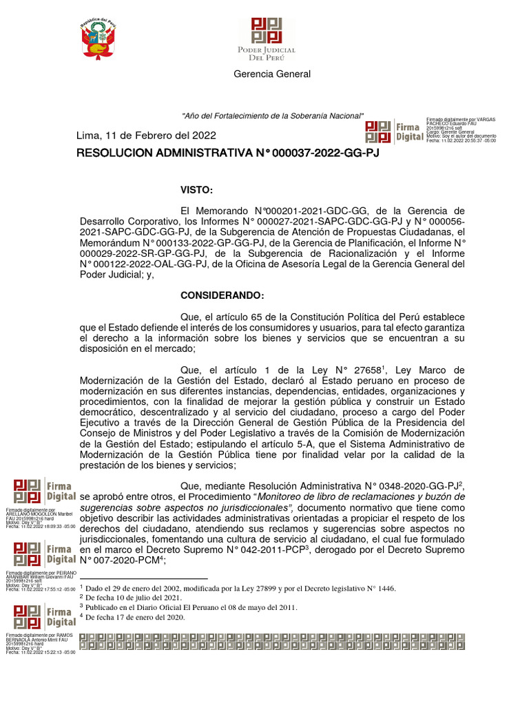 7) RA 37-2022-GG - Aprobacion de La Guía de Gestión de Reclamos Del ...