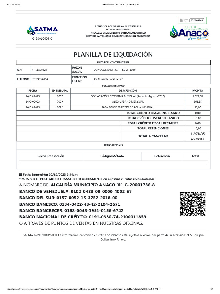Recibo 44243 - CONUCOS SHOP, C.A Activid Econom Agosto | PDF | Inversores institucionales ...