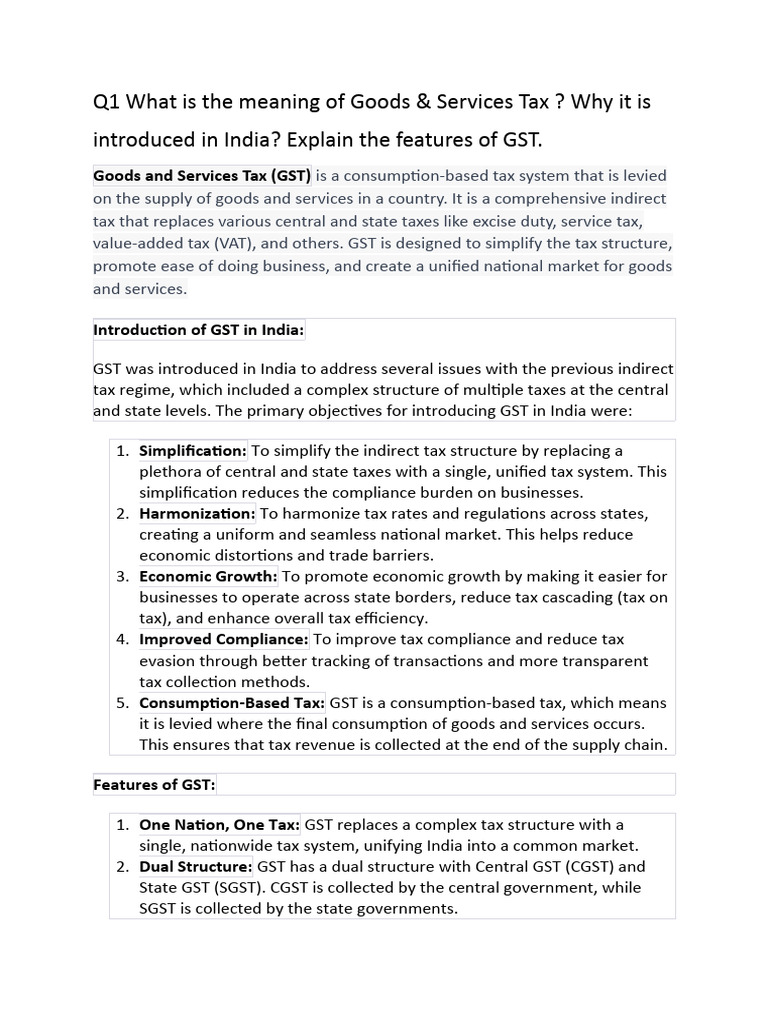 Q1 What Is The Meaning of Goods & Services Tax ? Why It Is Introduced ...
