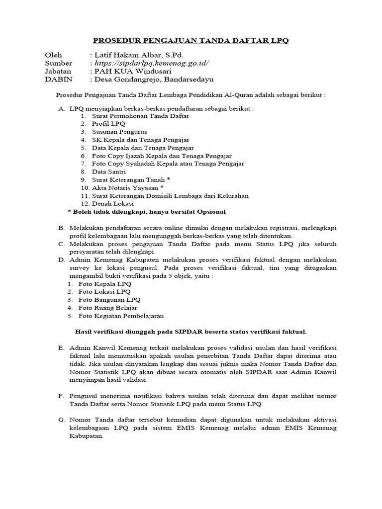 Prosedur Pengajuan Tanda Daftar LPQ | PDF