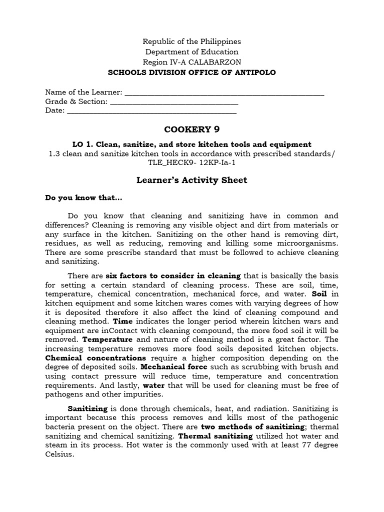 Cookery Grade 9 Las3 Lo1 1.3 1ST Quarter Rogelio o Morojo JR | PDF ...