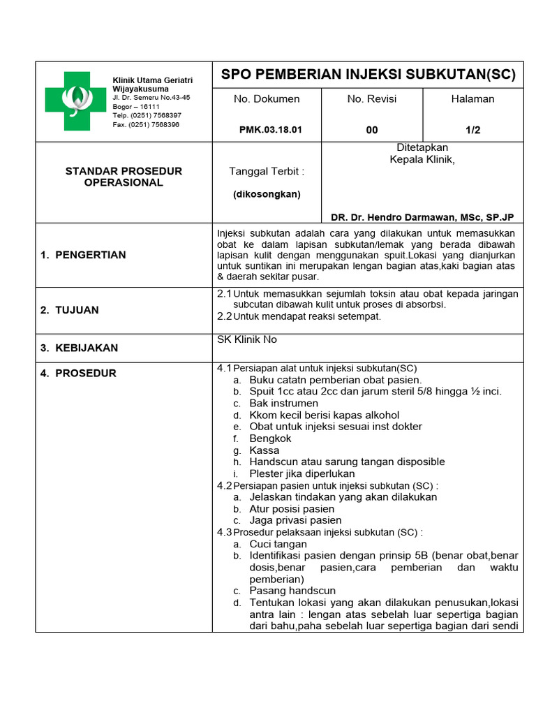 Sop Pemberian Injeksi Subkutan (SC) | PDF