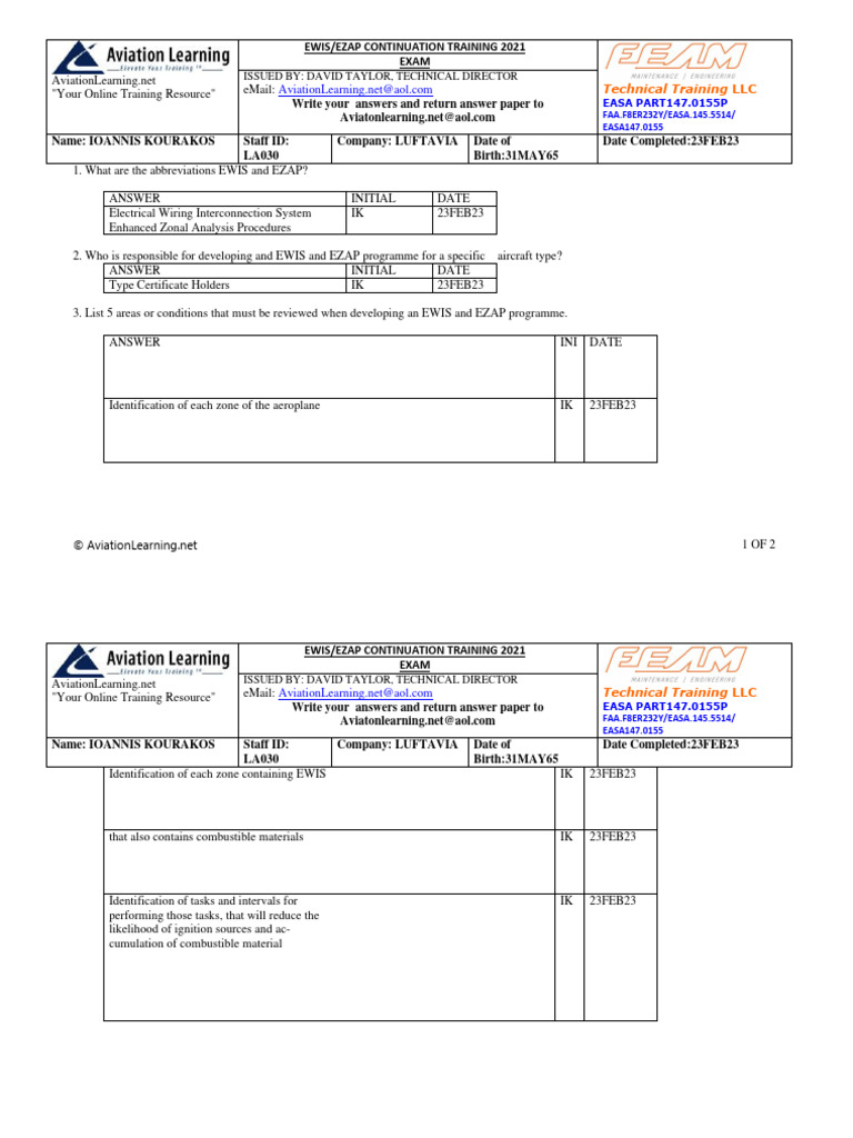Luftavia EWIS/EZAP Training Exam 2021 | PDF | Technology & Engineering