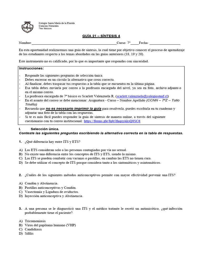 7° Basico Ciencias Naturales Guia 21 Scarlett Valenzuela | PDF | Condón | Infección transmitida ...
