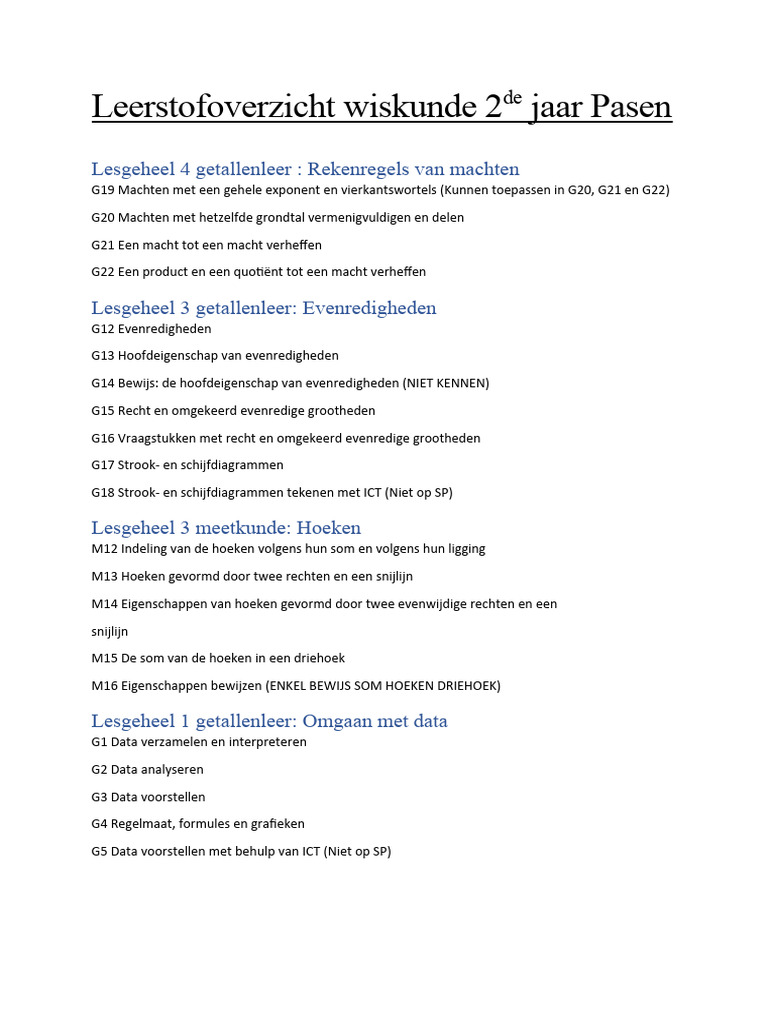 Leerstofoverzicht Wiskunde 2de Jaar Pasen | PDF