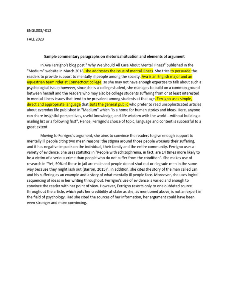 Sample Commentary Paragraphs On Rehtorical Situation and Elements of ...
