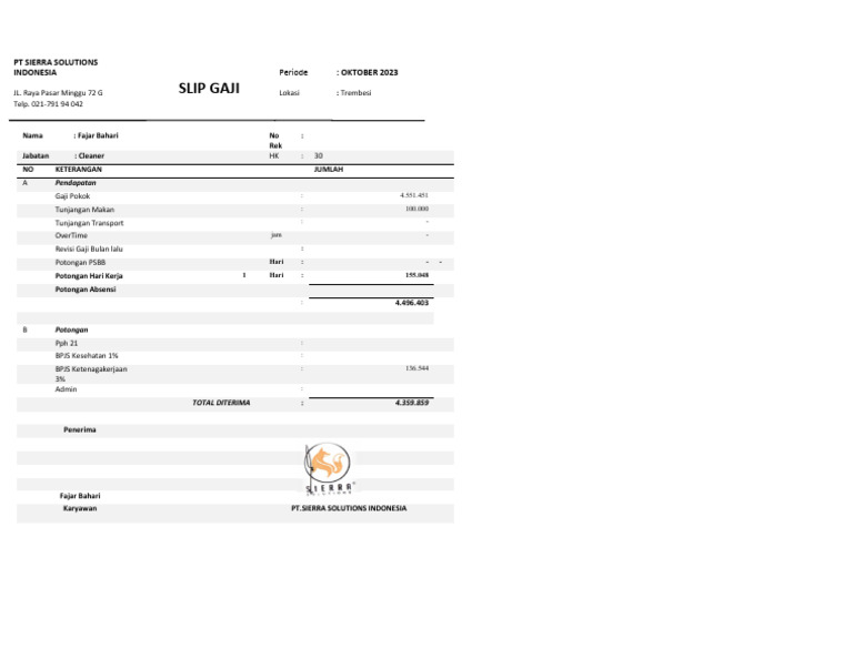 Slip Gaji Karyawan PT Sierra Solutions | PDF