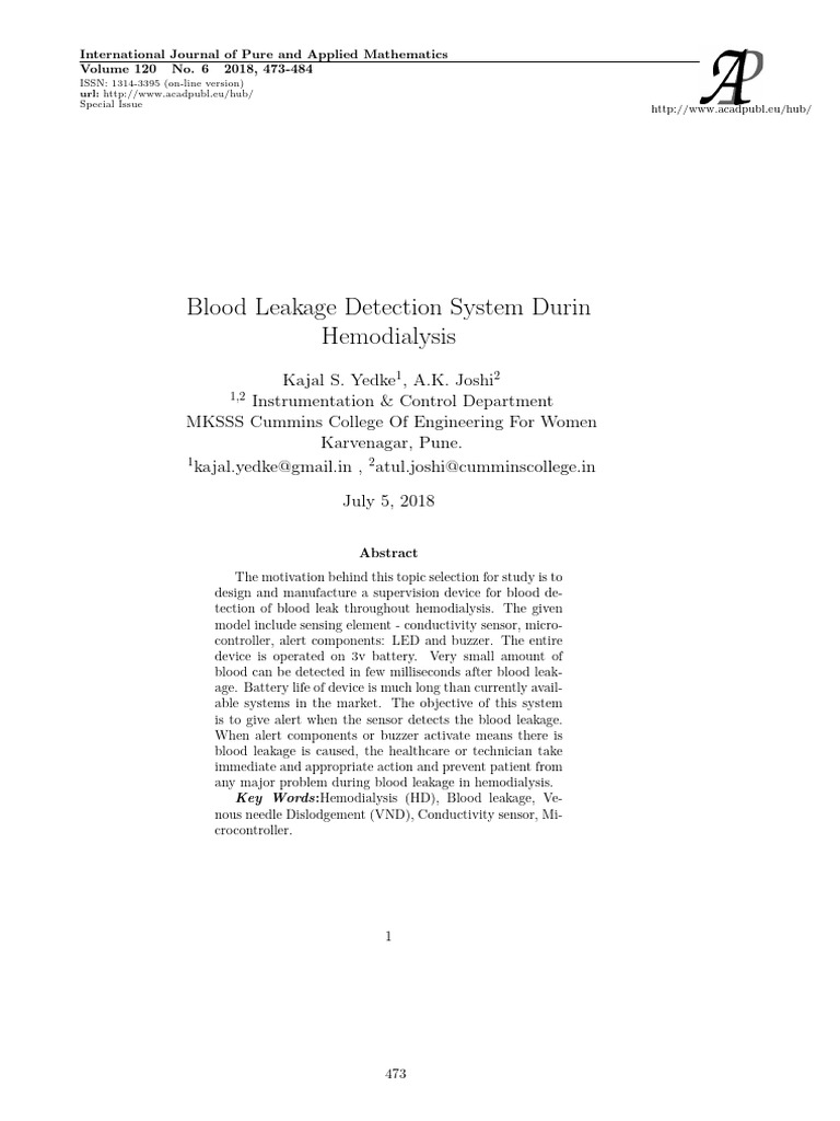 Blood Leakage Detection System Durin Hemodialysis | PDF | Hemodialysis ...