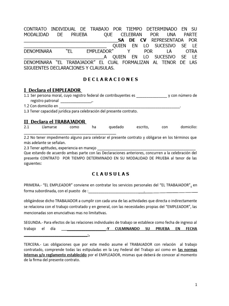 CONTRATO PRUEBA | PDF | Derecho laboral | Economias