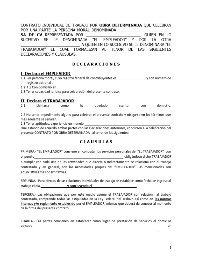 Contrato Por Obra Determinada | PDF | Derecho laboral | Salario