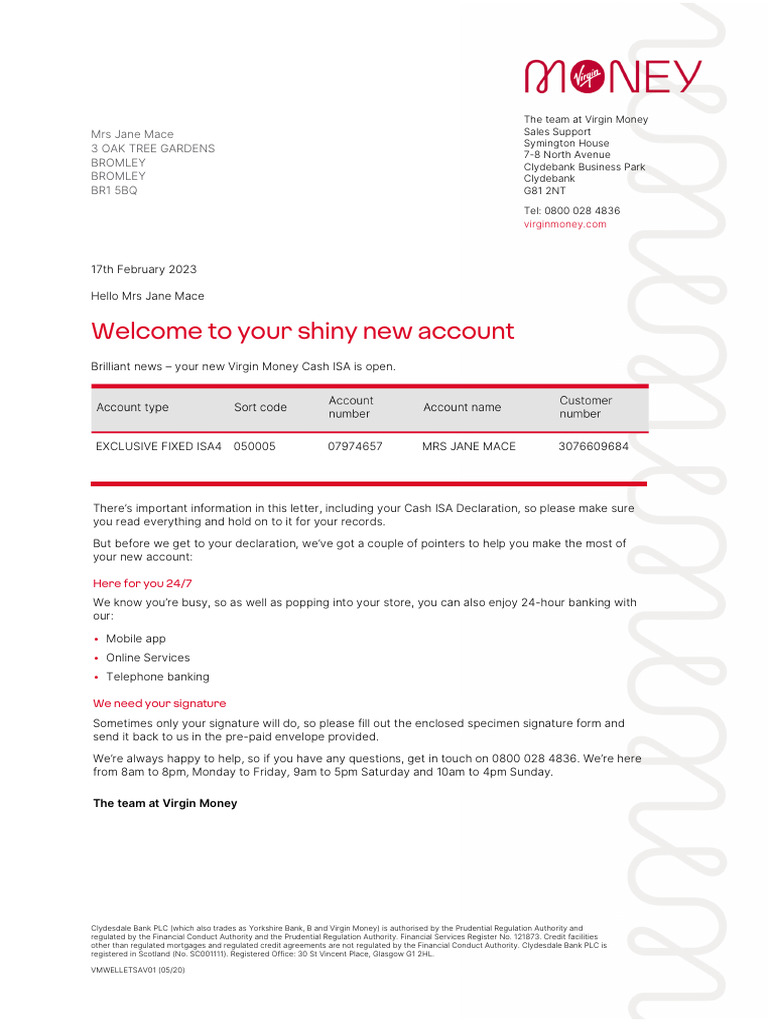 Virgin Money Cash ISA Confirmation Letter | PDF | Banks | Service ...
