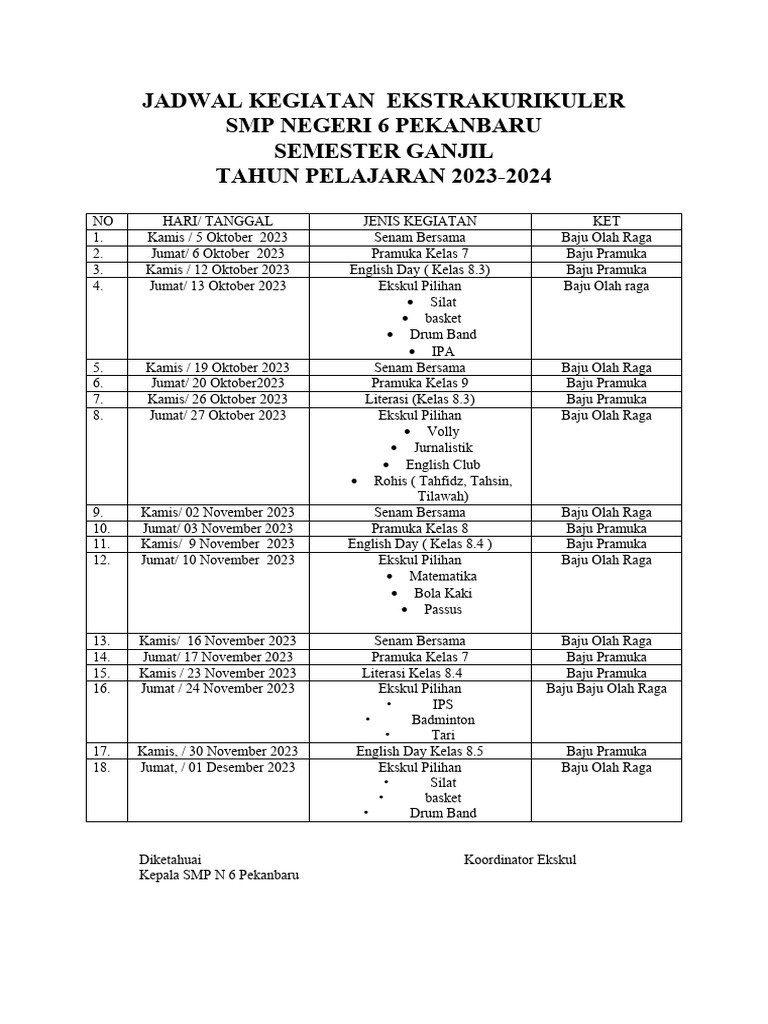Jadwal Kegiatan Ekstrakurikuler 2023 | PDF