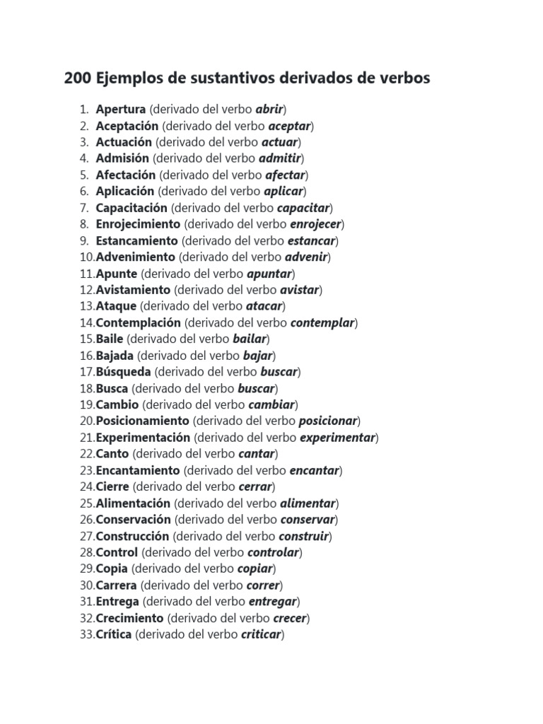 200 Ejemplos de Sustantivos Derivados de Verbos | PDF | Sintaxis ...