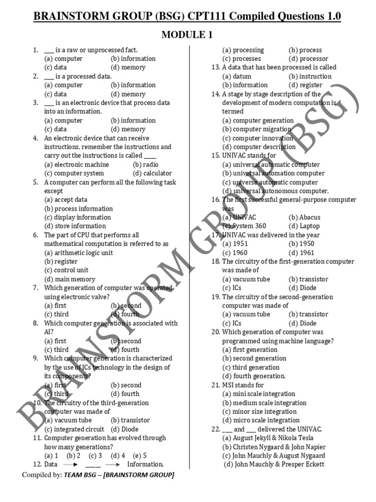 BSG CPT111 Compiled Questions | PDF | Computer Data Storage | Operating System