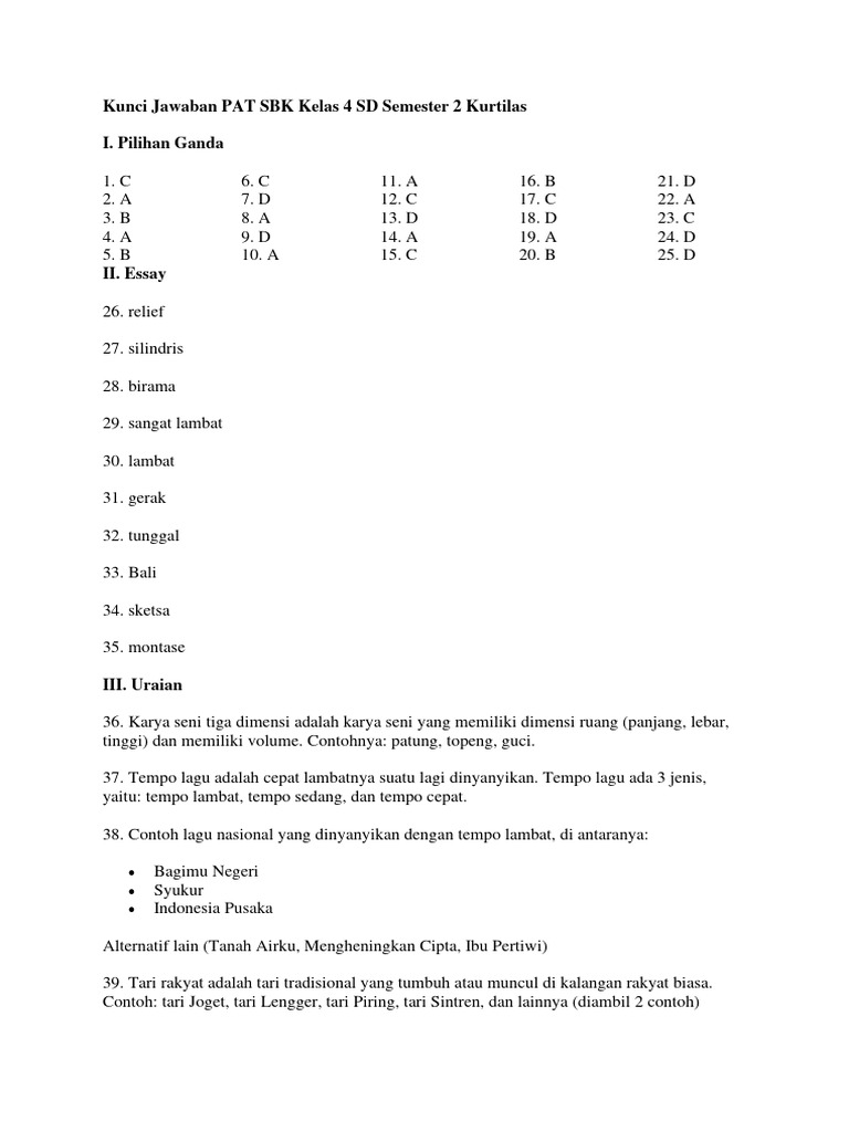 Kunci Jawaban PAT SBK Kelas 4 SD Semester 2 Kurtilas | PDF