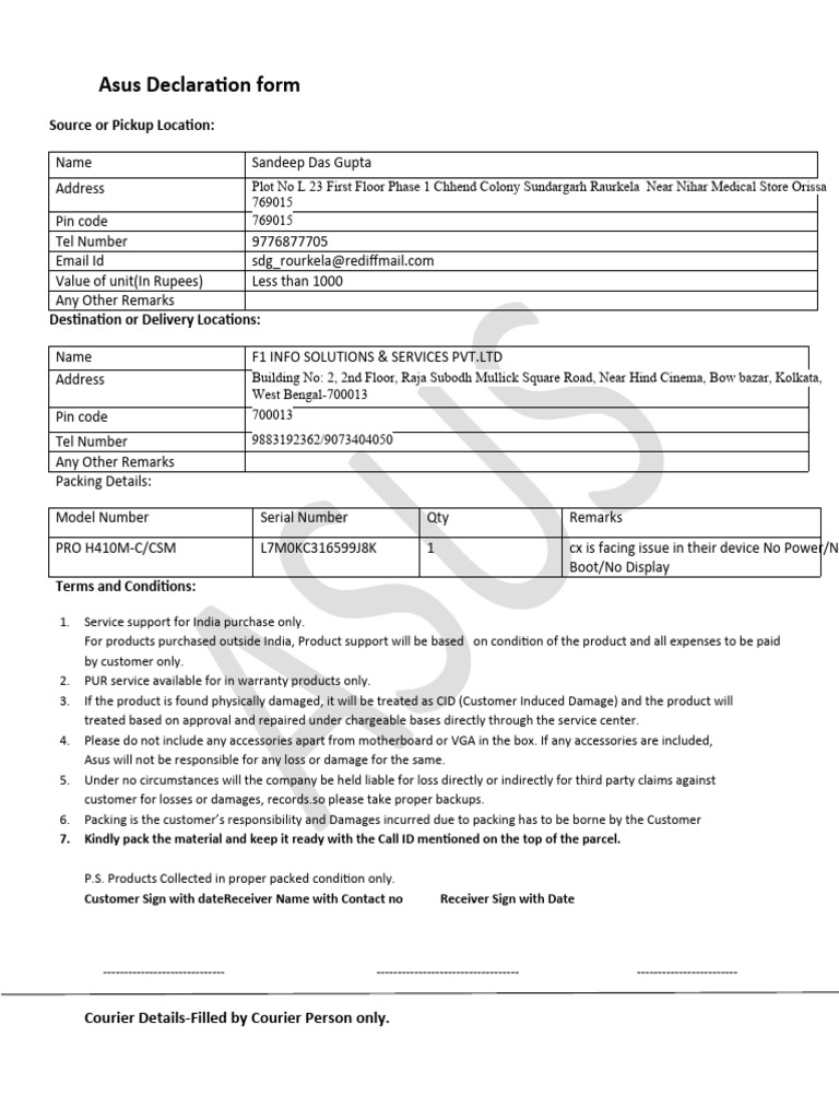 Asus Declaration Form 2 1 | PDF | Computer Engineering | Computer Hardware