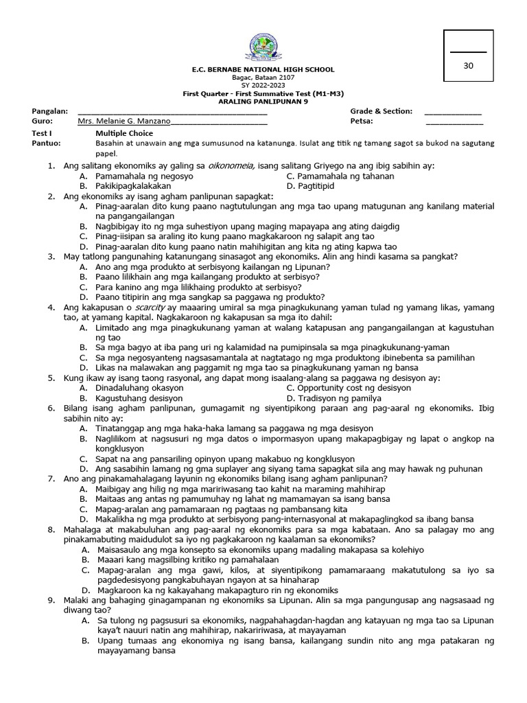 E.C. Bernabe National High School: Bagac, Bataan 2107 SY 2022-2023 | PDF
