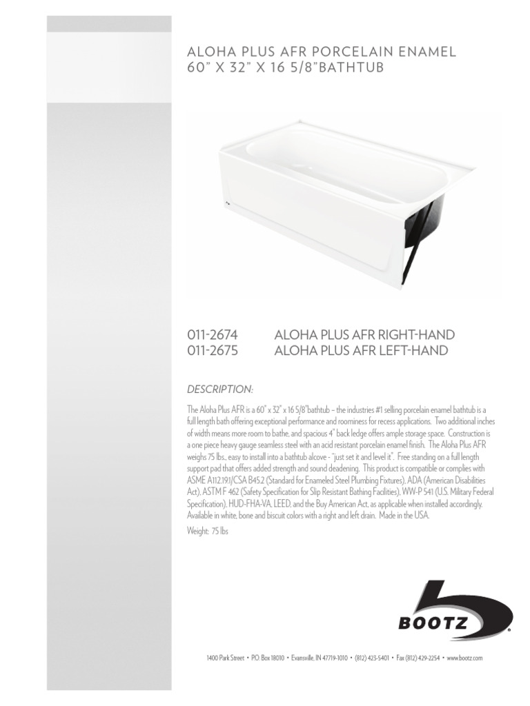 Bootz Bath Spec Sheet Aloha Plus Afr | PDF