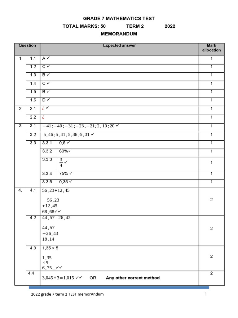 Grade 7 Term 2 Math Test Memo 2022 | PDF