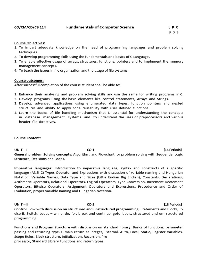 FCS Syllabus | PDF | Pointer (Computer Programming) | C (Programming Language)