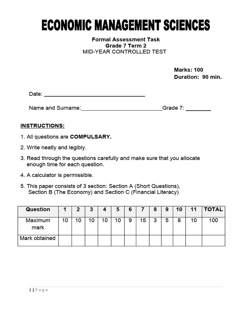 Grade 7 EMS Term 2 Exam Paper | PDF | Money | Expense