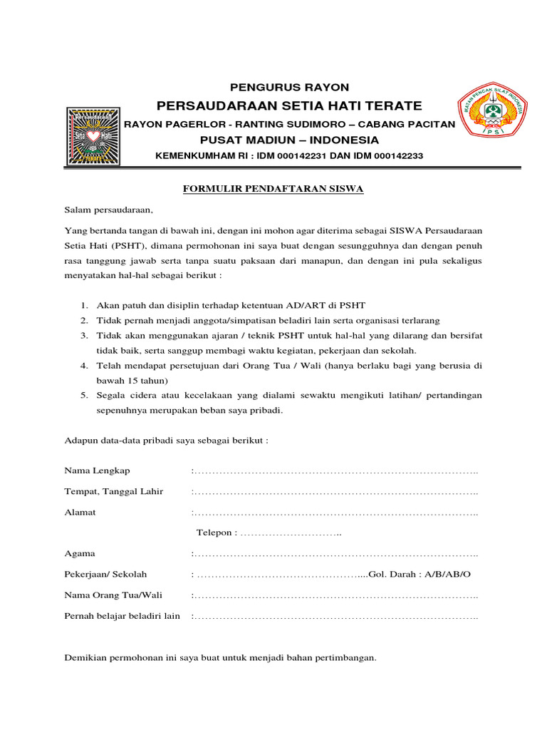 Formulir Pendaftaran Siswa PSHT | PDF