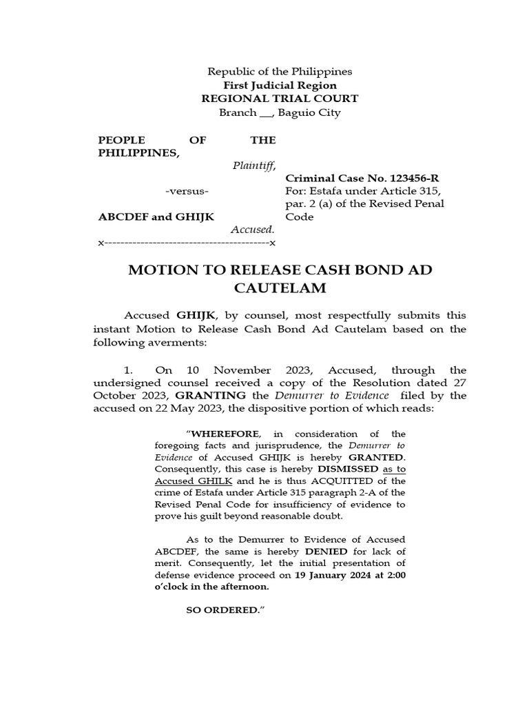 23-11-22 Motion To Release Cash Bond Ad Cautelam | PDF | Demurrer ...