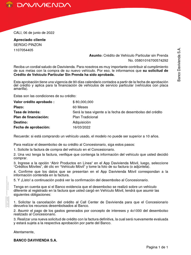 1107054405carta Aprobacion Vehiculo | PDF | Crédito | Finanzas y ...