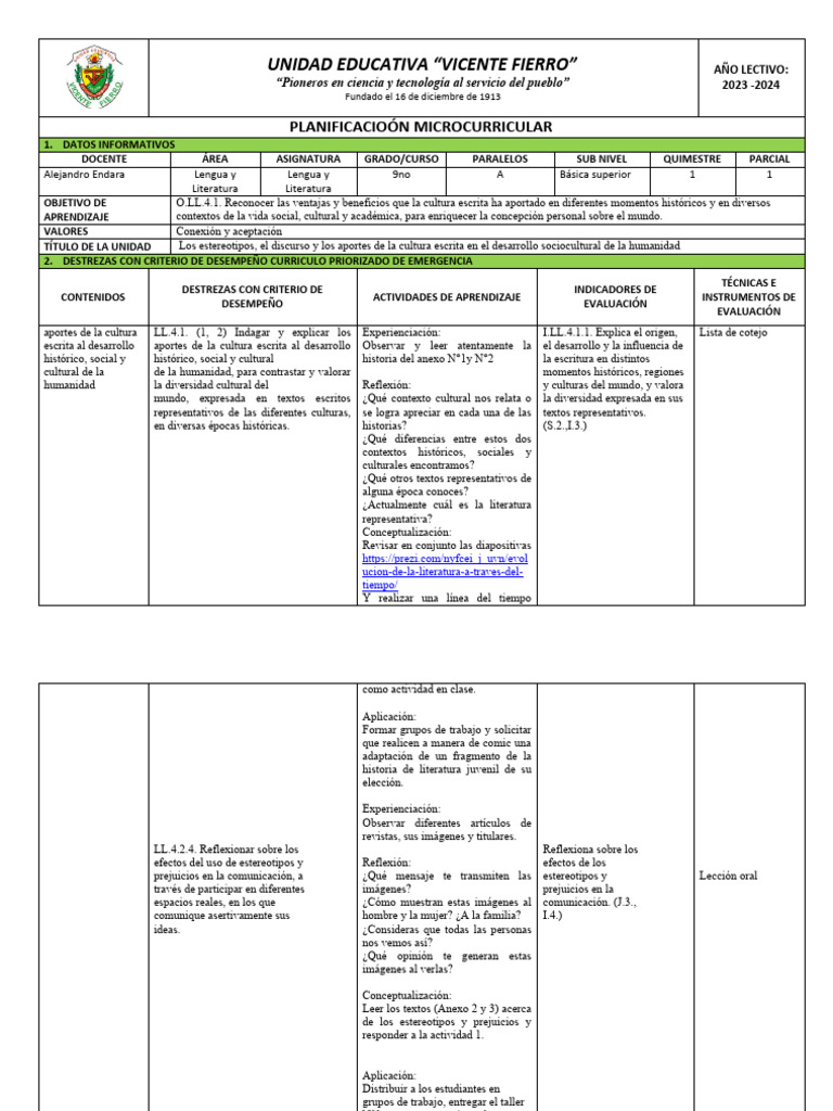 Planificación 9no Lengua Y Literatura Pdf Evaluación Estereotipos